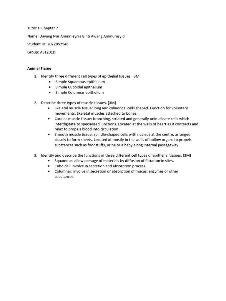 Tutorial Chapter 7 | PDF | Tissue (Biology) | Epithelium