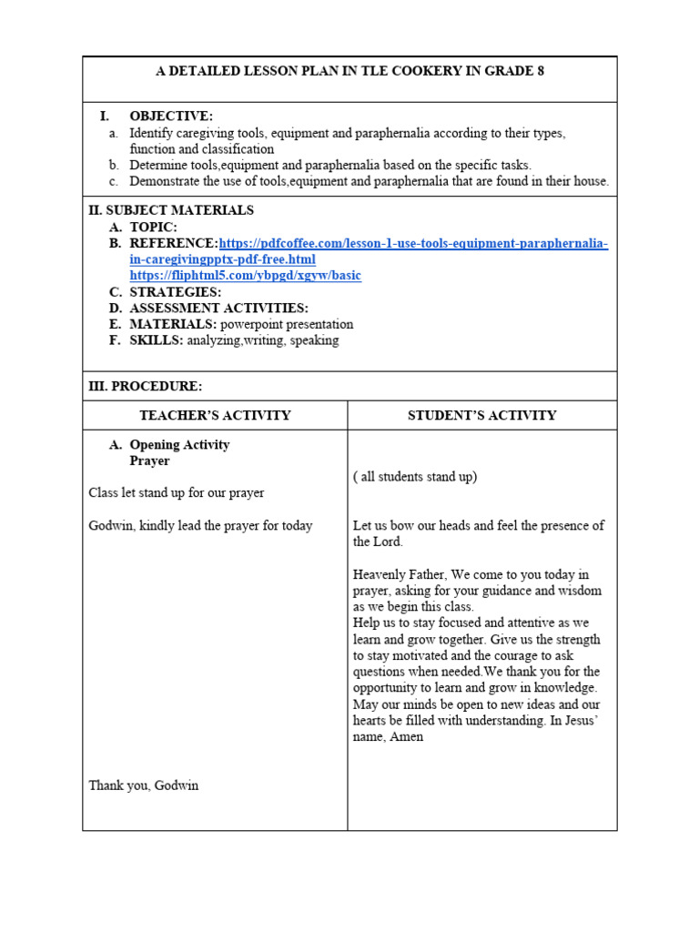 A DETAILED LESSON PLAN TLE COOKERY D IN GRADE 8 | PDF | Kitchen Utensil ...