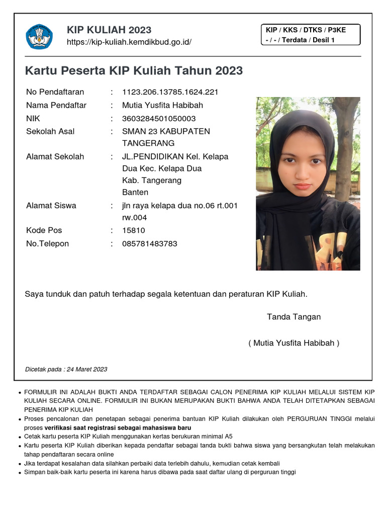 Kartu Peserta KIP Kuliah 2023 | PDF