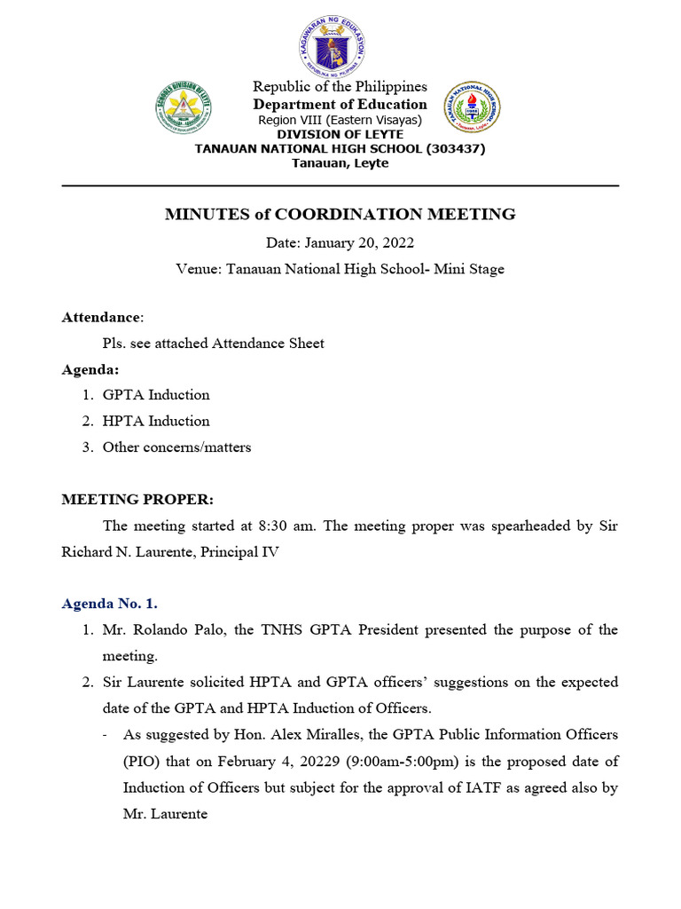 MINUTES OF GPTAfinal INDUCTION MEETING JAN.. 20 20212 | PDF