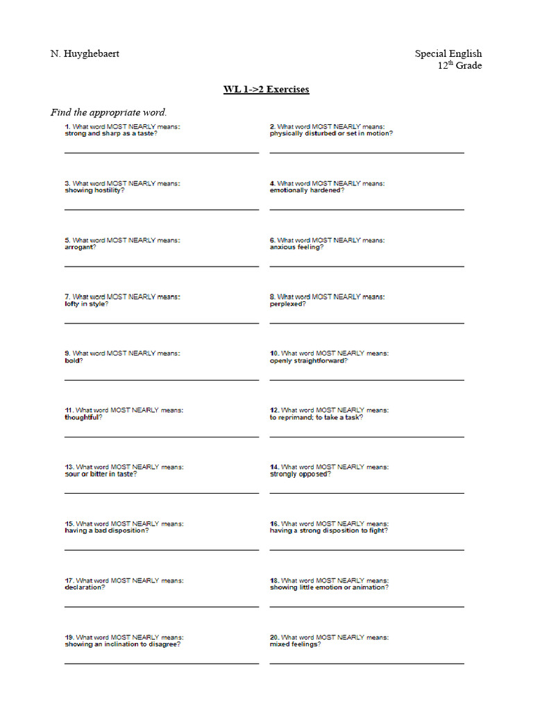 Word List Exercises 12th Grade | PDF