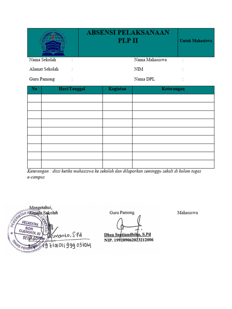 Laporan Dan Absensi PLP | PDF
