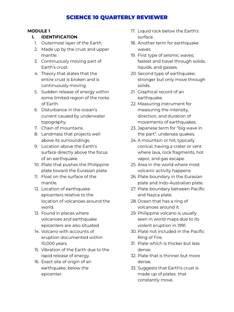 Science 10 First Quarter Reviewer | PDF | Plate Tectonics | Volcano