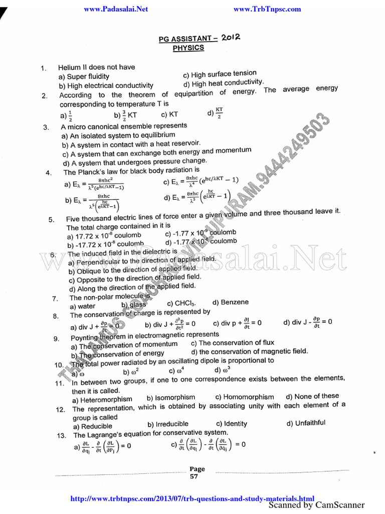 307 PGTRB Physics Old Question 2012 | PDF