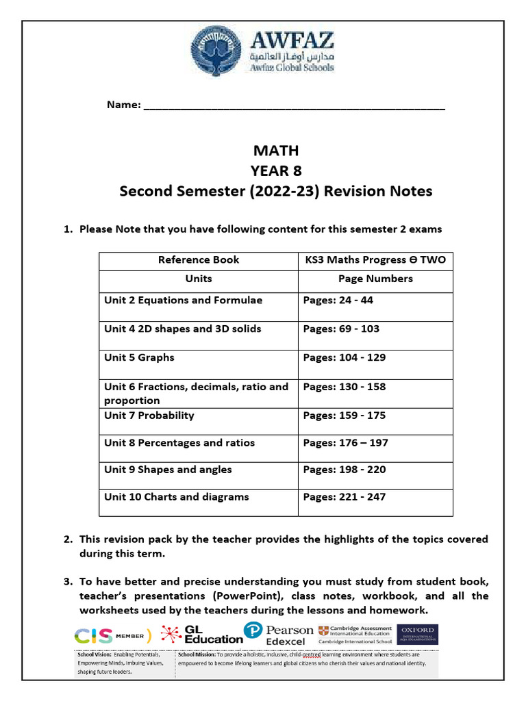 Year 8 Math Revision Guide | PDF | Ratio | Area