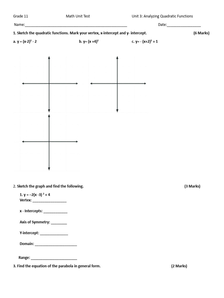 Grade 11 Unit 3 Quadratic Functions Pdf