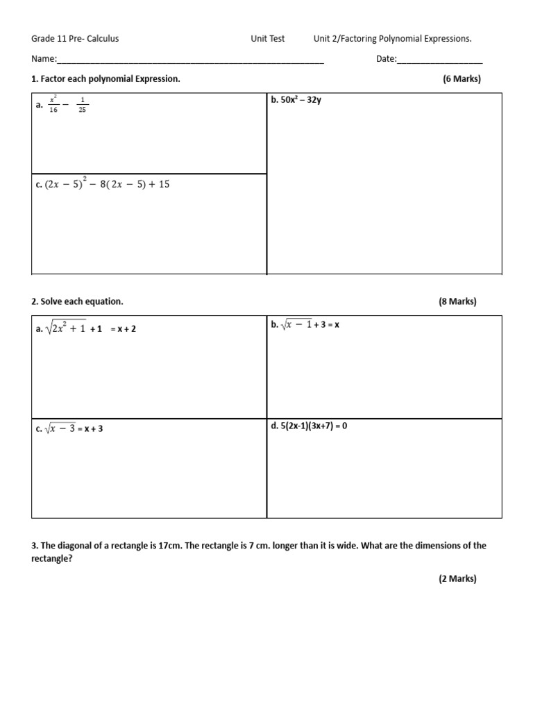 Grade 11 Unit 2 Test Factoring Polynomial Expressions | PDF | Science ...