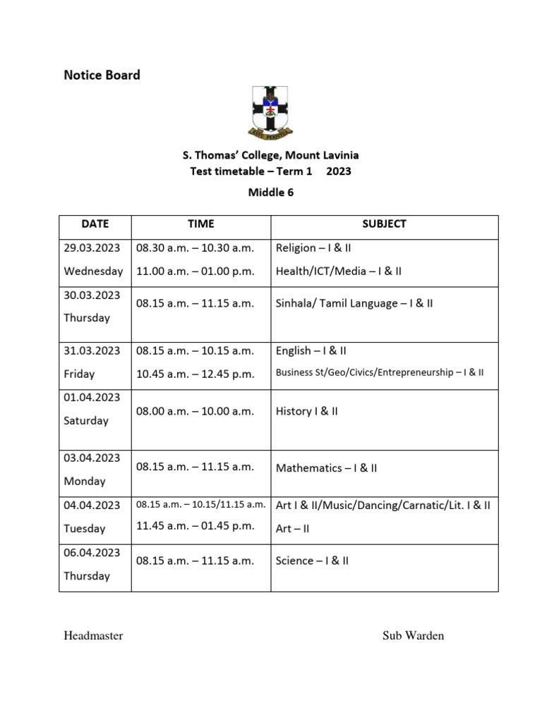 Exam Time Table | PDF