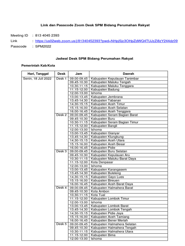 Lampiran Jadwal Kegiatan Desk SPM Kab Kota - Update | PDF