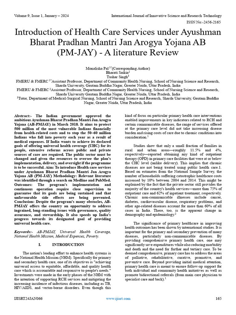 Introduction of Health Care Services Under Ayushman Bharat Pradhan Mantri Jan Arogya Yojana AB ...