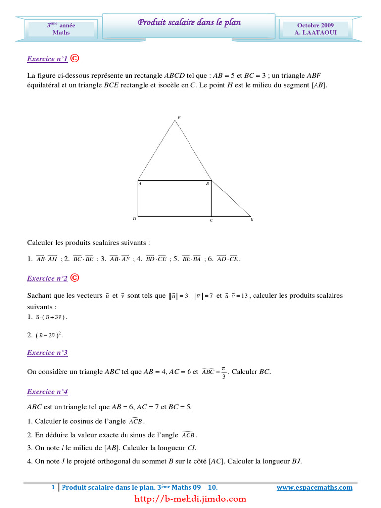 Serie D'exercices Corrigés - Math - Produit Scalaire Dans Le Plan - 3ème Math (2009-2010) | PDF ...