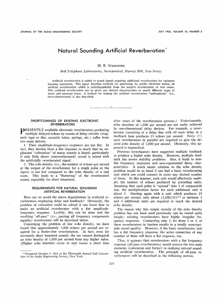 Natural Sounding Artificial Reverberation - Schroeder | PDF | Qualia ...