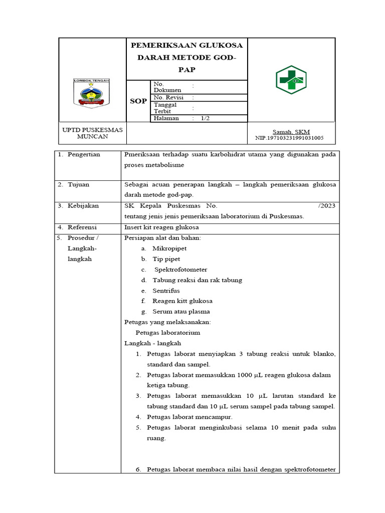 SOP Pemeriksaan GULA DARAH Metode God-Pap | PDF