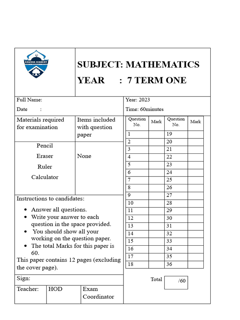 Year Seven Mathematics End of Term One 2023 | PDF | Mathematics ...