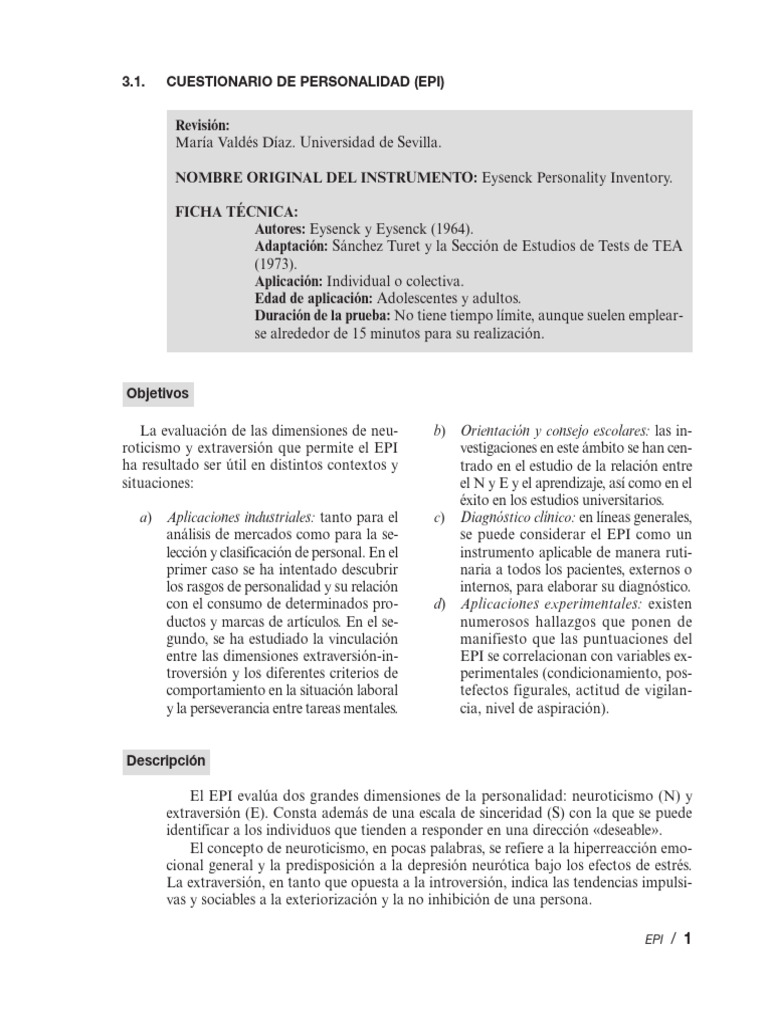 Test EPI | PDF | Validez (Estadísticas) | Teorías psicologicas