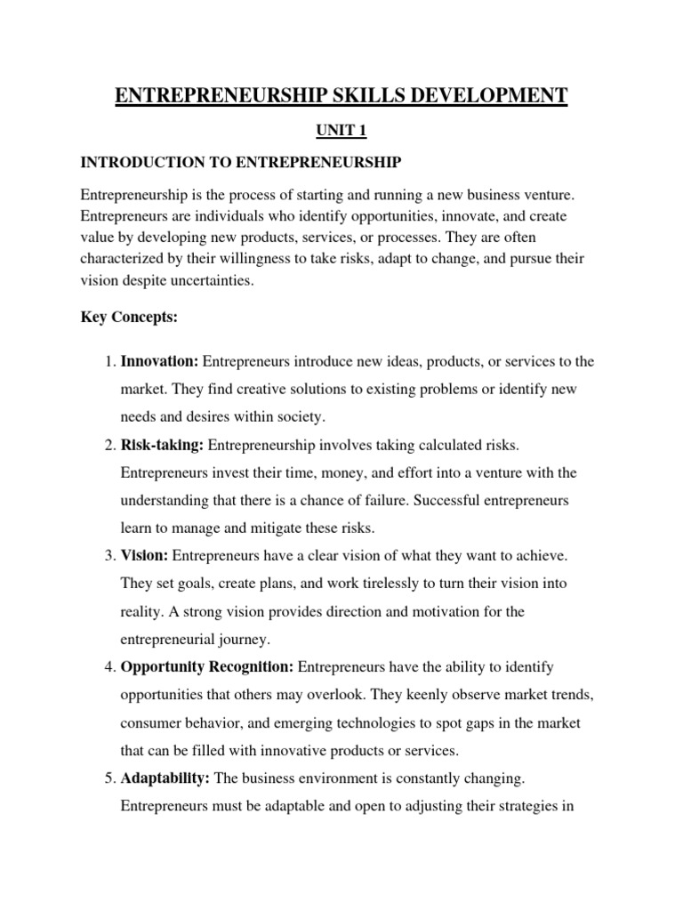Entrepreneurship Skills Development (Unit 1) Notes | PDF ...