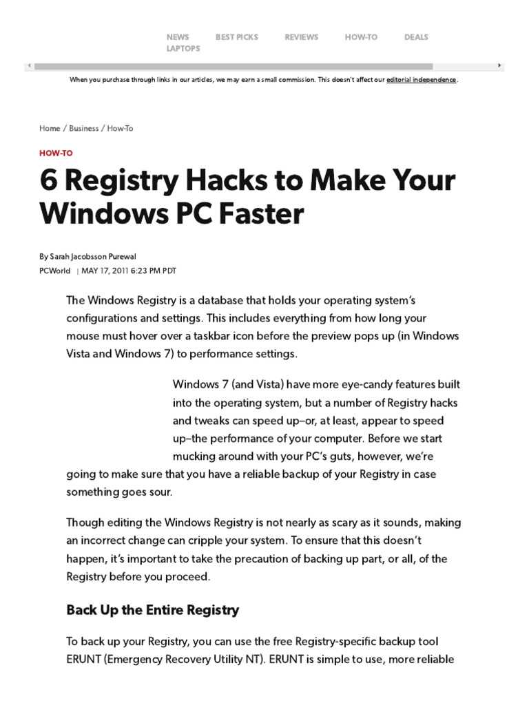 6 Registry Hacks To Make Your Windows Pc Faster Pcworld Download Free Pdf Windows Registry 