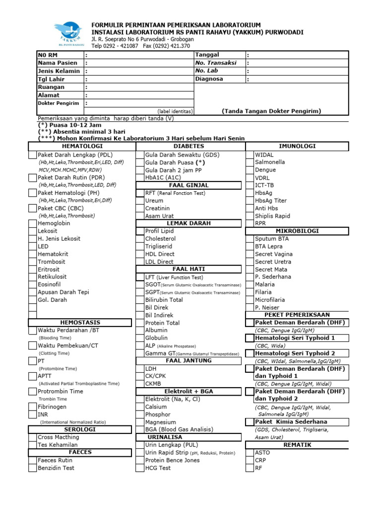 FORMULIR PERIMTAAN PEMERIKSAAN LABORATORIUM Halaman 1 | PDF | Blood ...