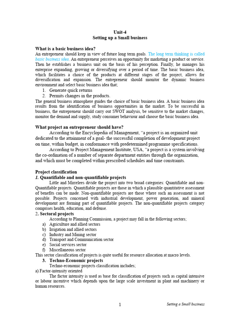 Unit-4 Setting A Small Business | PDF | Entrepreneurship | Feasibility Study