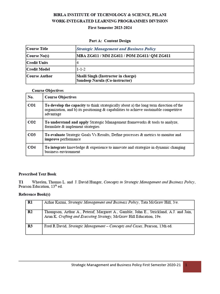 Mba ZG611 Revised Course Handout | PDF | Strategic Management | Private Sector
