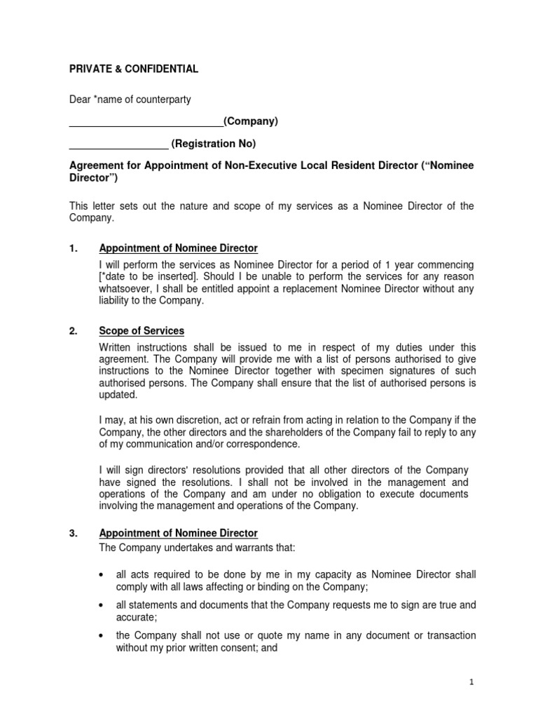 Nominee Director Appointment Agreement | PDF | Indemnity | Board Of ...