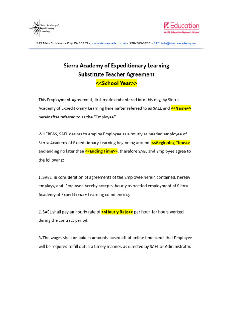 SAEL Substitute Teacher Sample Agreement and Job Description - For ...
