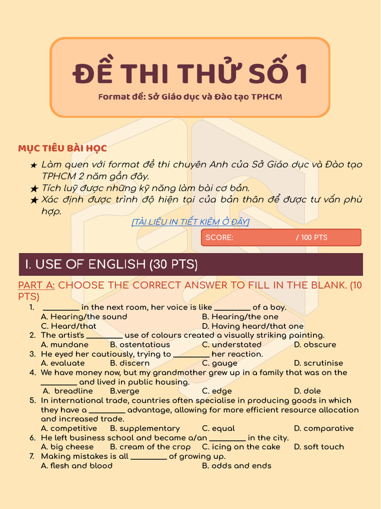 (2SG Gen 4) Đề Thi Thử Số 1 - Anh Chuyên | PDF