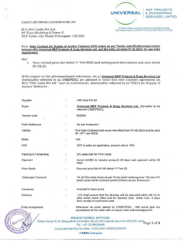 Final Rate Contract - Hilti India - Feb 2023 - Jan 2024 | PDF