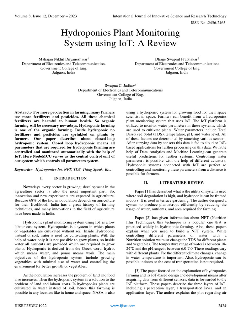 Hydroponics Plant Monitoring System Using IoT: A Review | PDF ...