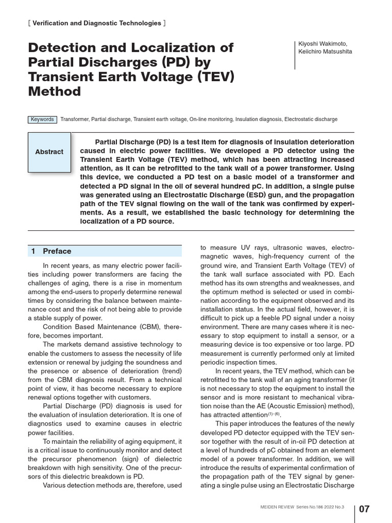Detection And Localization Of Partial Discharges Pd By Tev Method