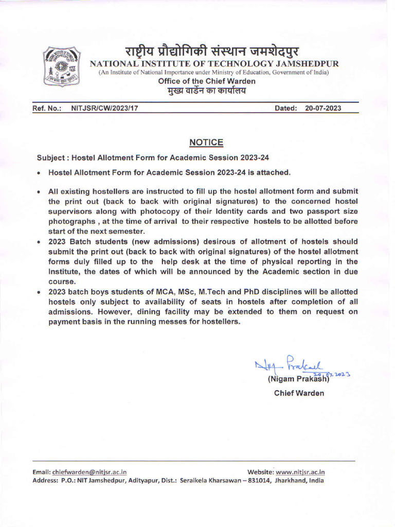 Notice - Hostel Allotment Form For Academic Session 2023-241 | PDF ...