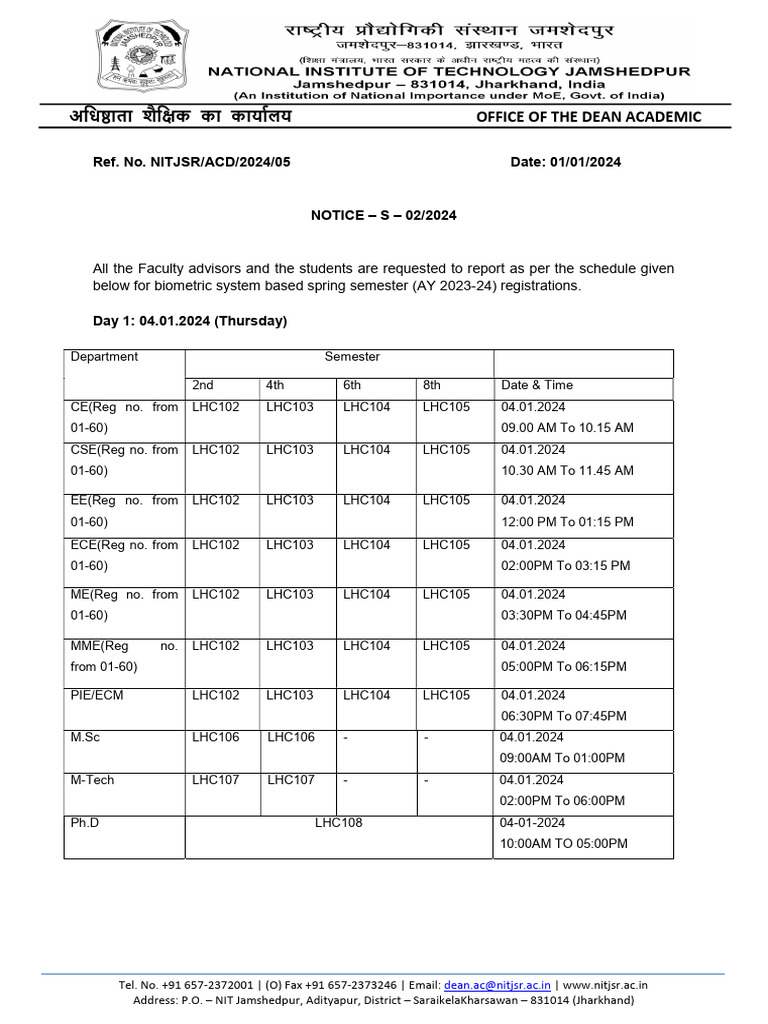 Schedule For Spring Semester Registration AY 2023-24 | PDF