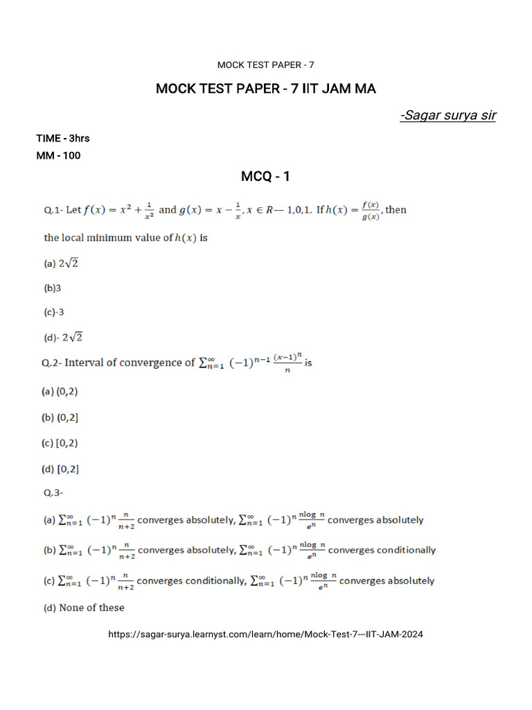 Mock Test Paper 7 - IIT JAM MA 2024 | PDF