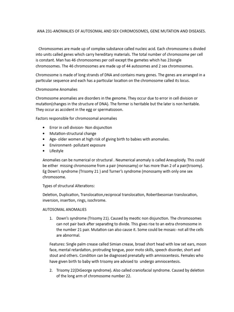 ANA 231-Chromosomal Disorder | Download Free PDF | Genetic Disorder ...