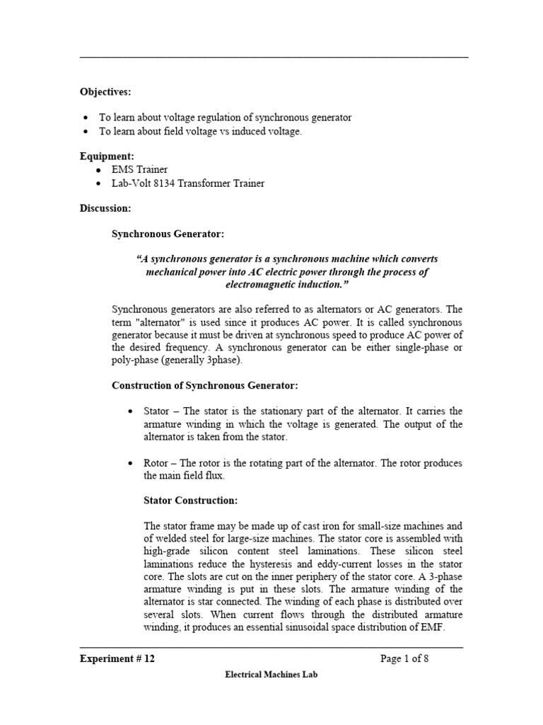 Lab Report of Synchronous Generator | PDF | Electromagnetic Induction | Electric Generator