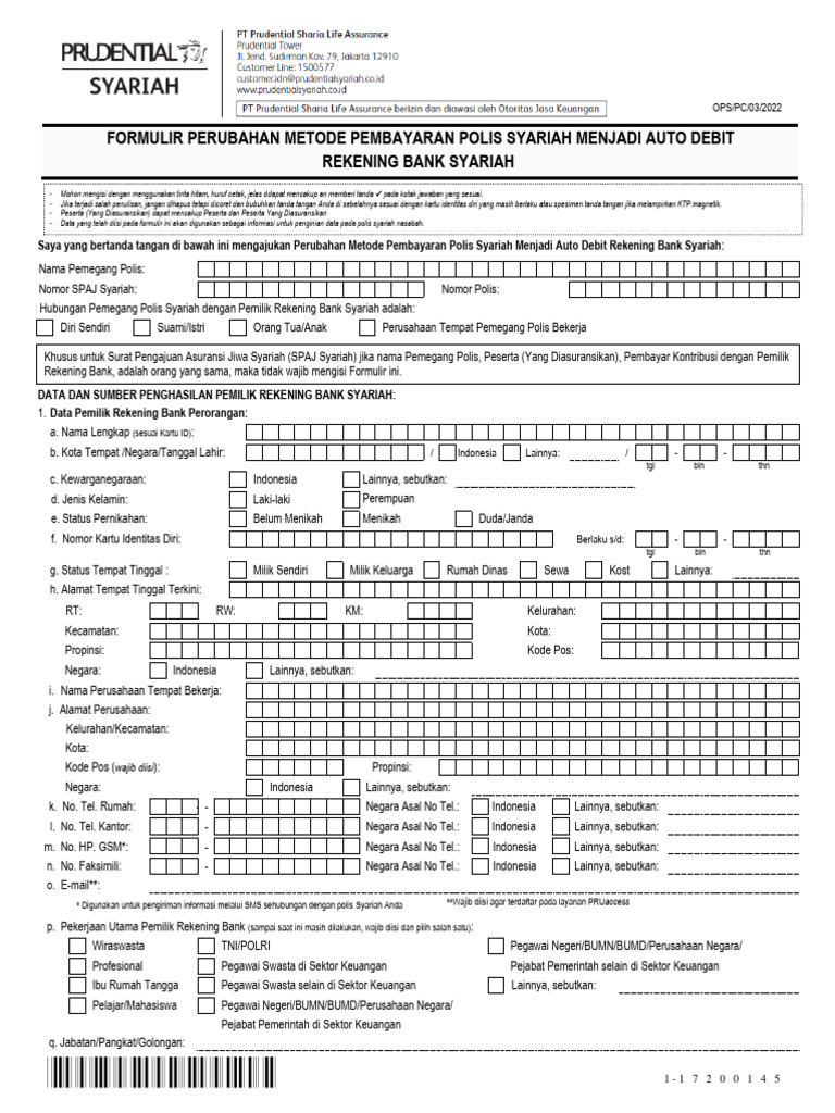 Formulir Perubahan Metode Pembayaran Polis Syariah Menjadi Autodebit | PDF