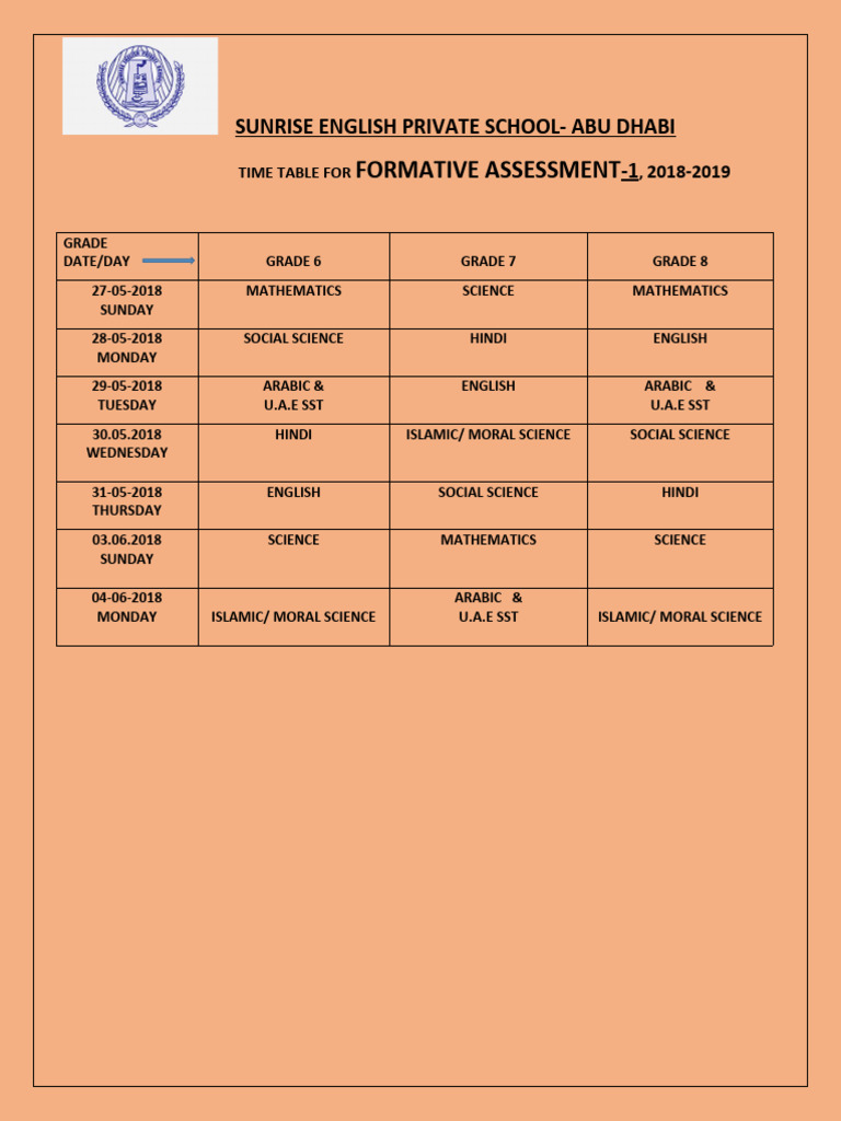 Time Table For FA-1, P 1 & Monthly Test 2018-19 | PDF