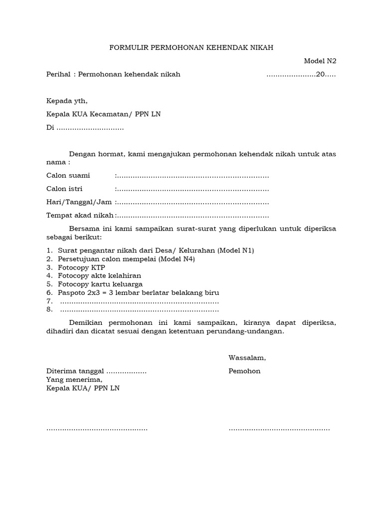 Formulir Permohonan Nikah Model N2 | PDF
