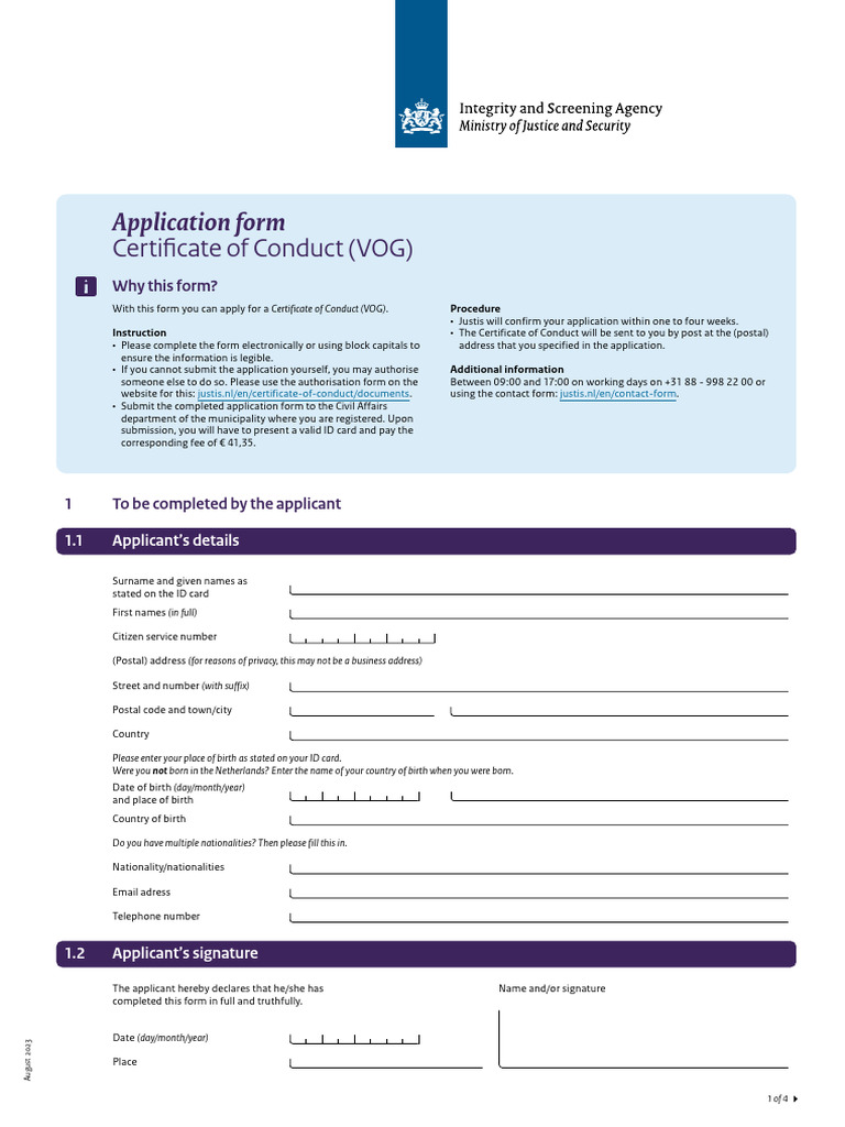 Application Form Certificate of Conduct (VOG) | PDF | Travel Visa ...