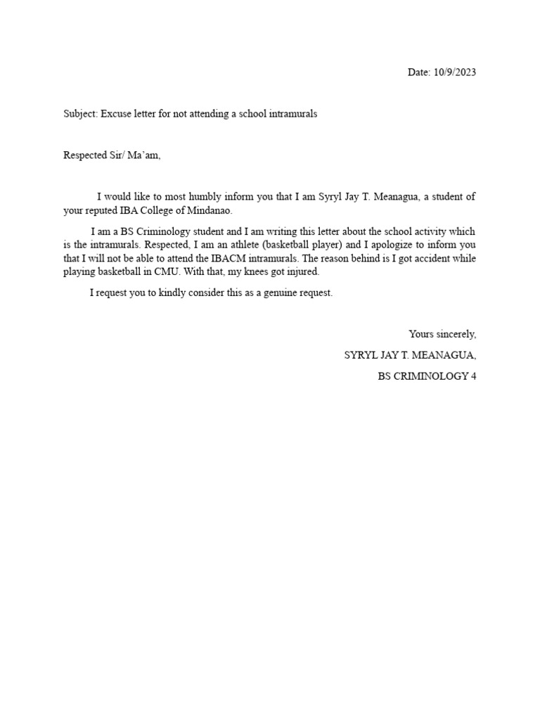 Meanagua, Syryl Jay T. - Excuse Letter Ibacm Intramurals | PDF