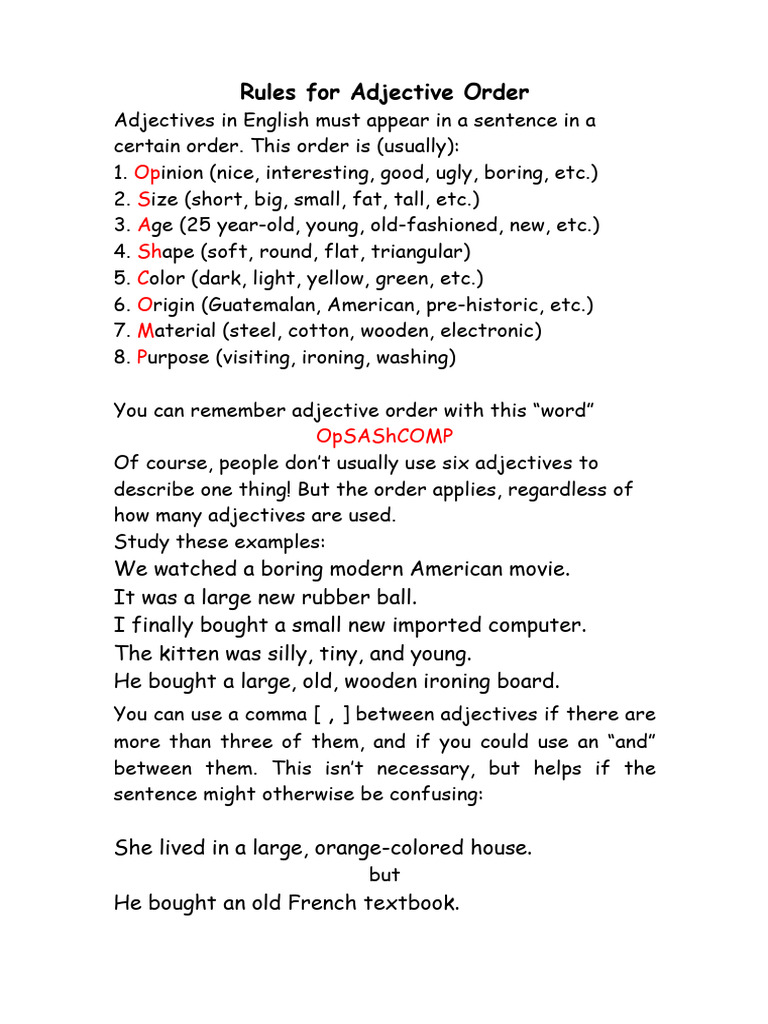 Rules For Adjective Order: Op S A SH C O M P | PDF | Adjective