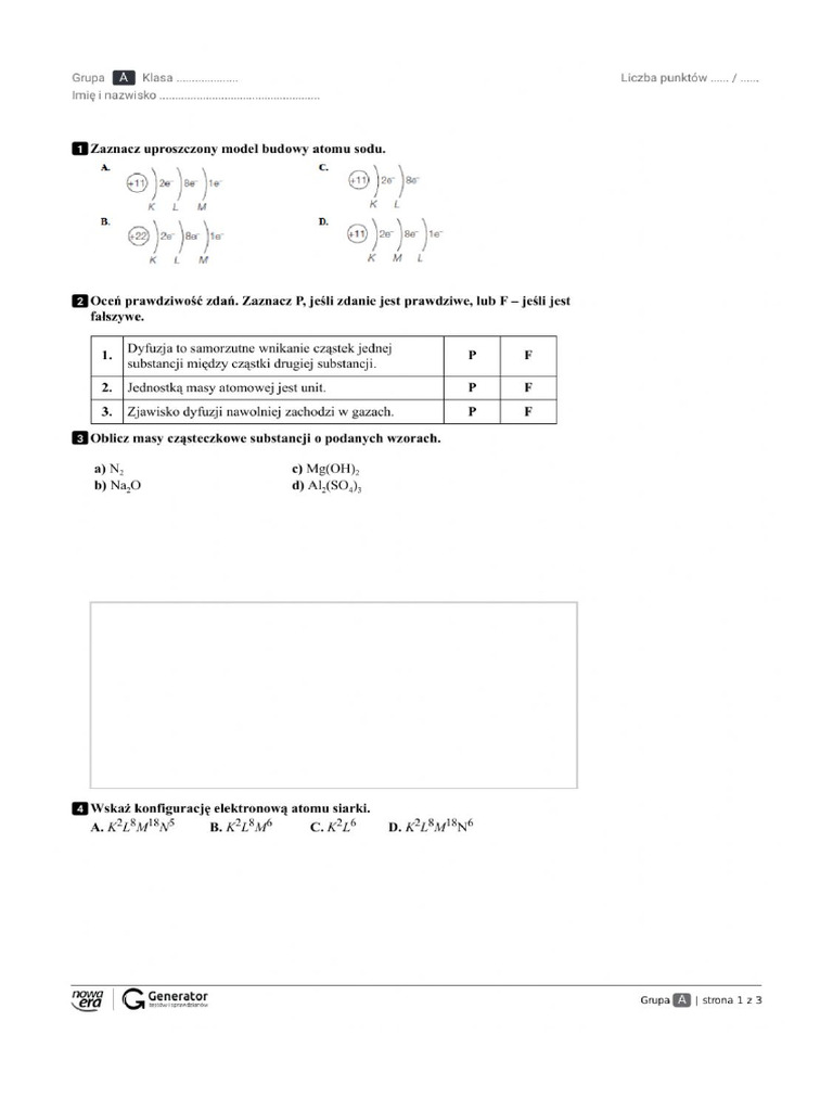 Sprawdzian Dział 3 KL 7 Chemia | PDF