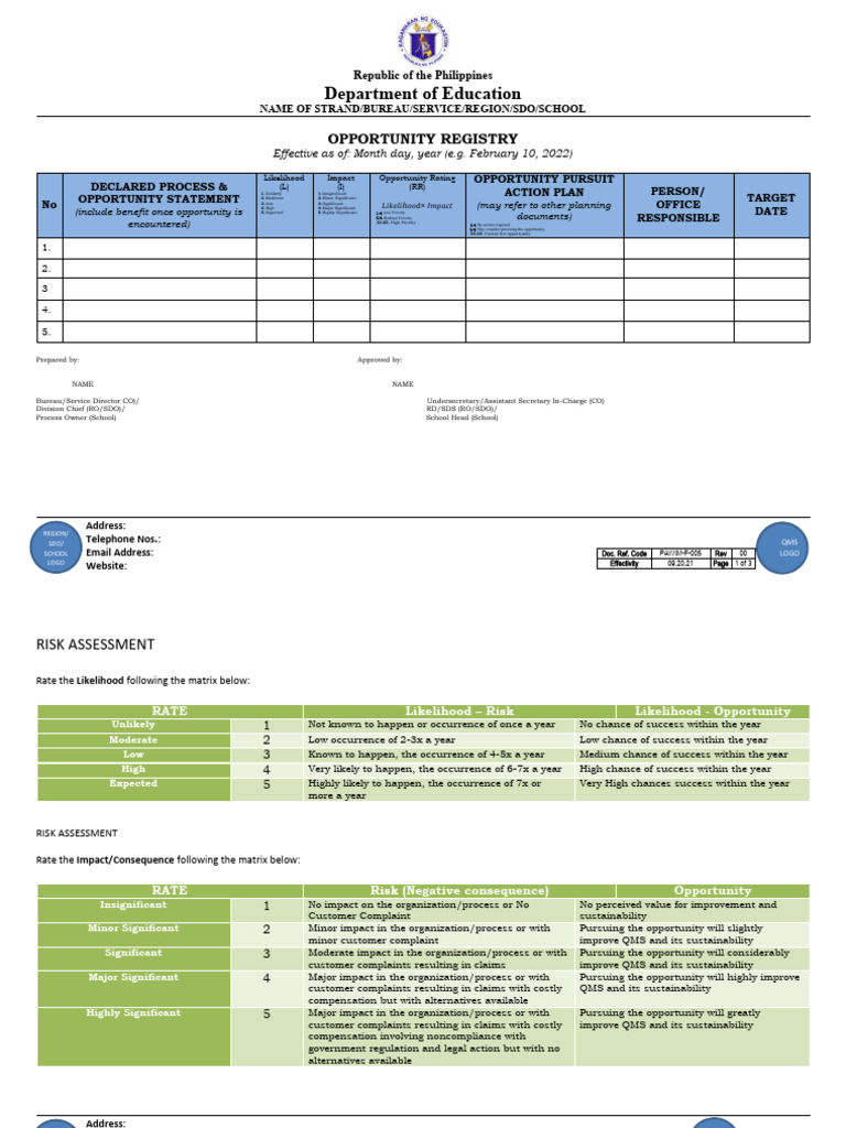 PAWIM-F-005 Opportunity Registry Template R10 V2 | PDF | Risk | Business