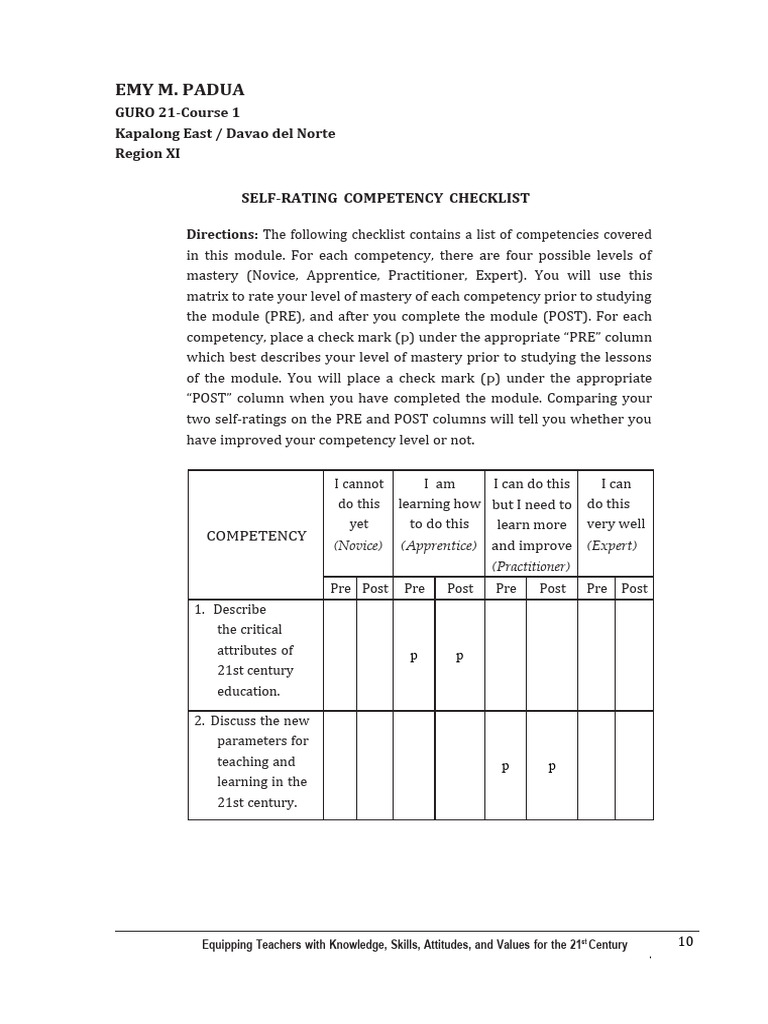 SELF - RATING COMPETENCY CHJECKLIST | PDF | Expert | Human Communication