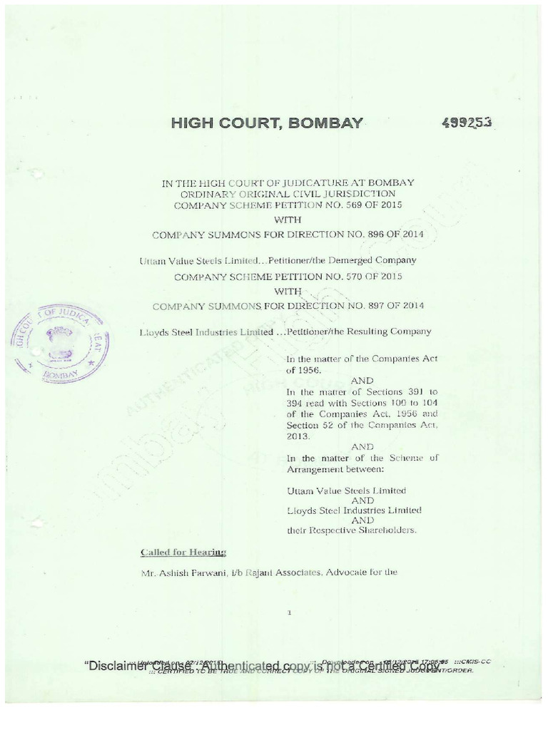 High Court Order Dated October 30 2015 Approving The Scheme of ...