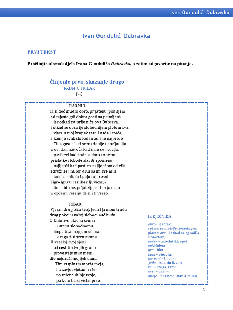 Ivan Gundulic Dubravka NL 1 | PDF