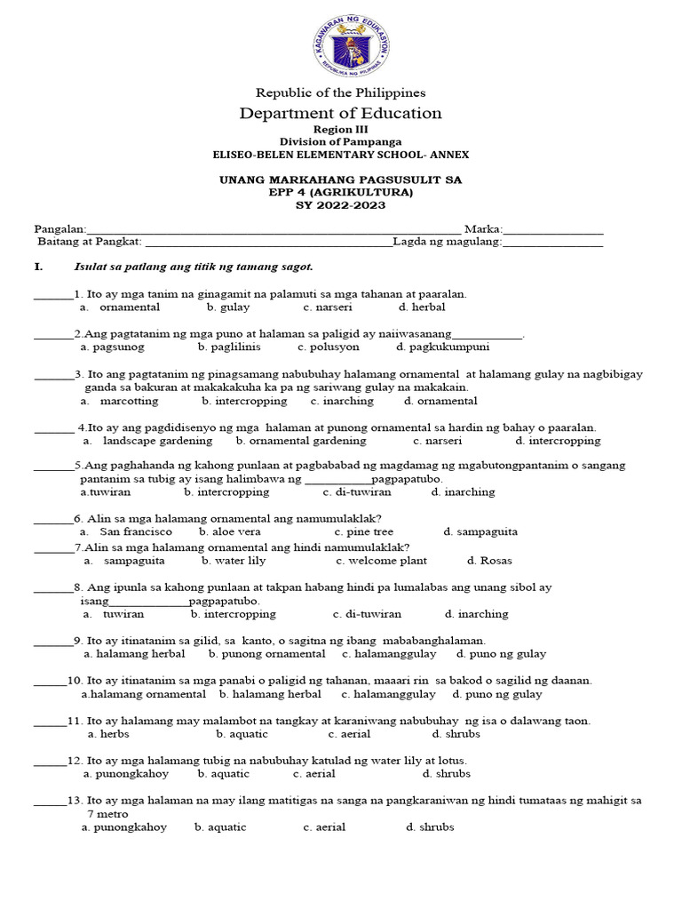 2ND PT - EPP-AGRI Grade-4 | PDF