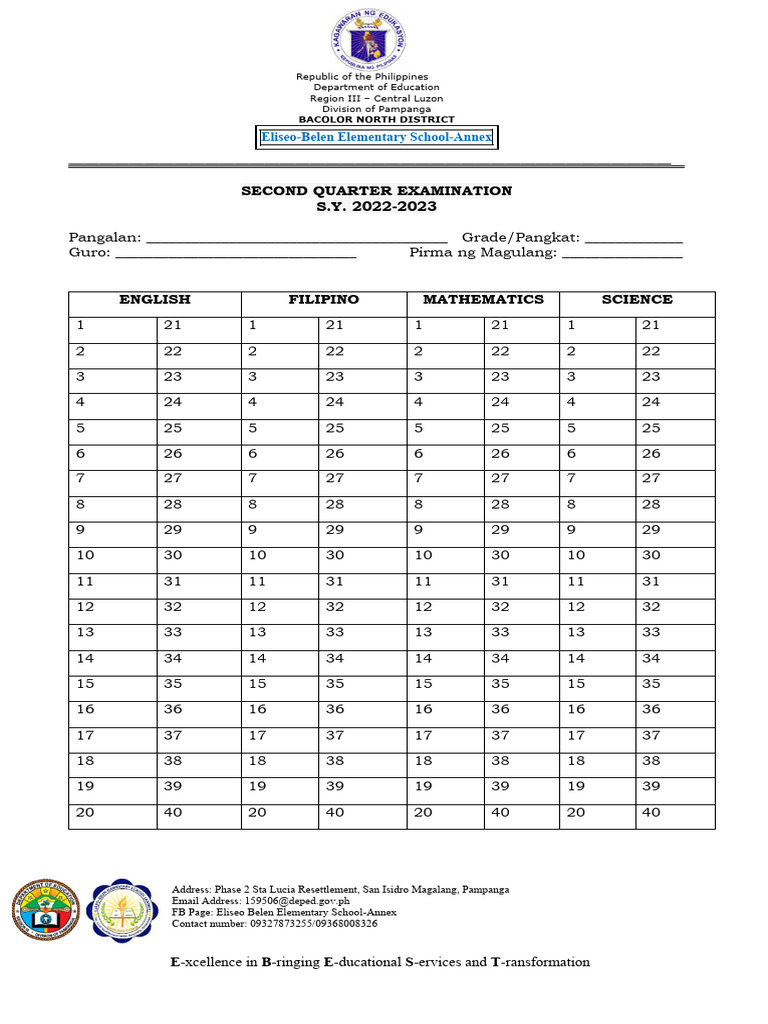 Answer Sheets 2nd Quarterly Exam | PDF | Philippines