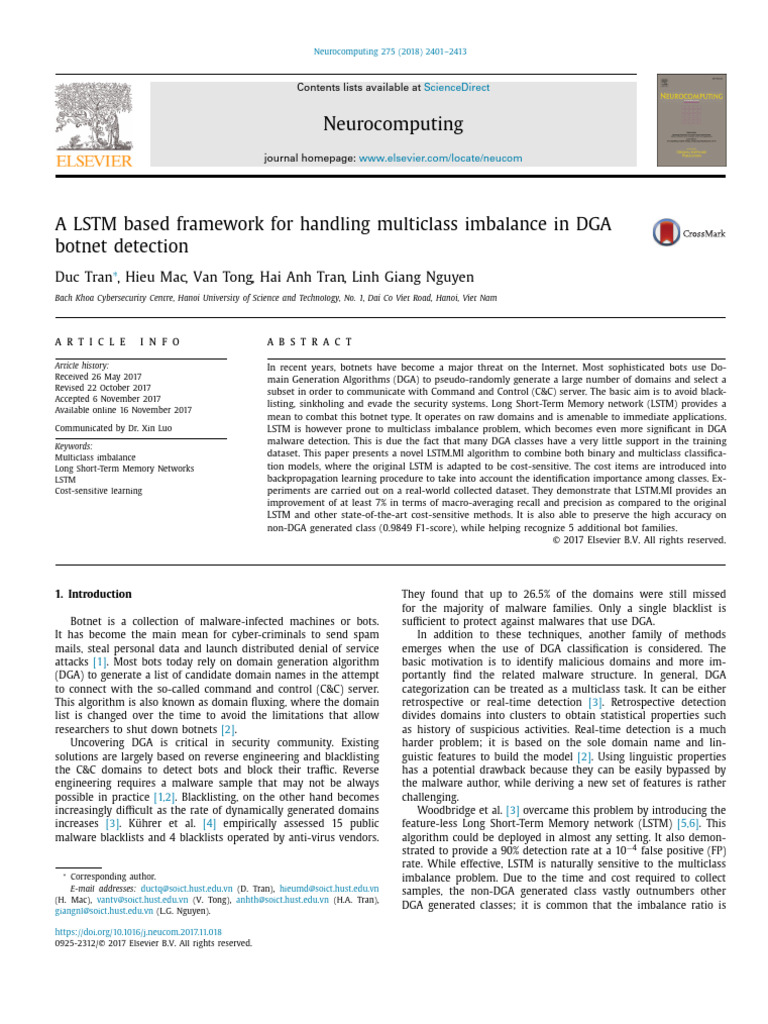 A LSTM Based Framework For Handling Multiclass Imbalance in DGA Botnet Detection 1 | PDF ...