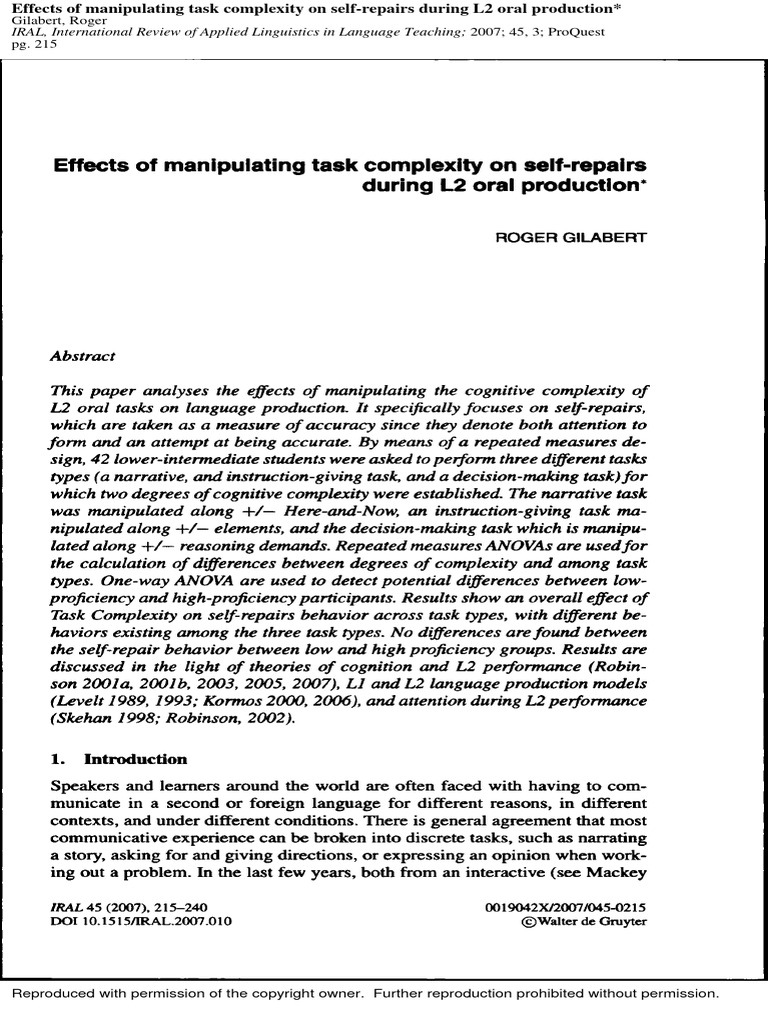 Effects of Manipulating Task Complexity On Self-Repairs During Oral Production | PDF | Copyright ...